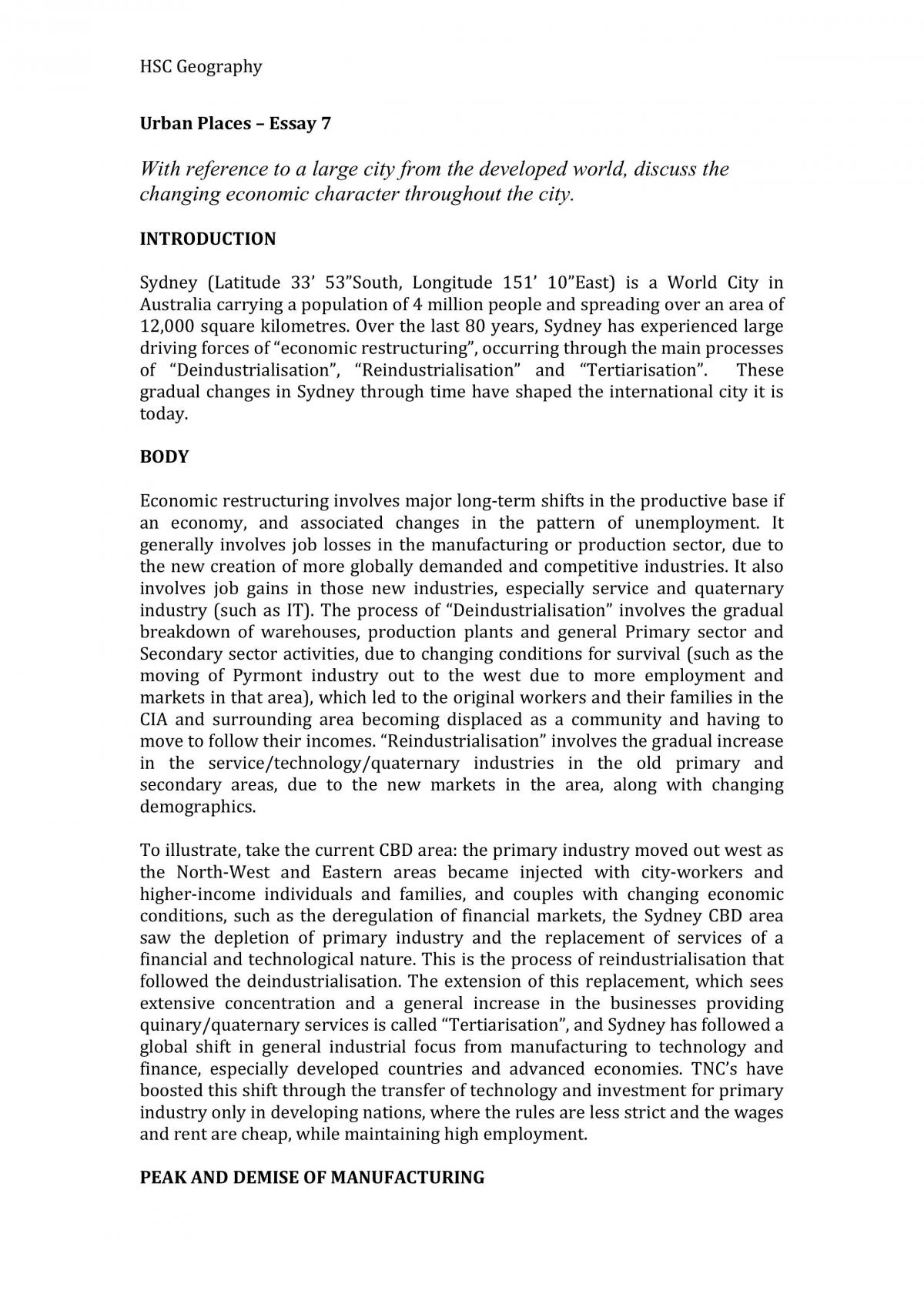 Urban Places - Essay 2 (Full Essay) | Geography - Year 12 HSC | Thinkswap
