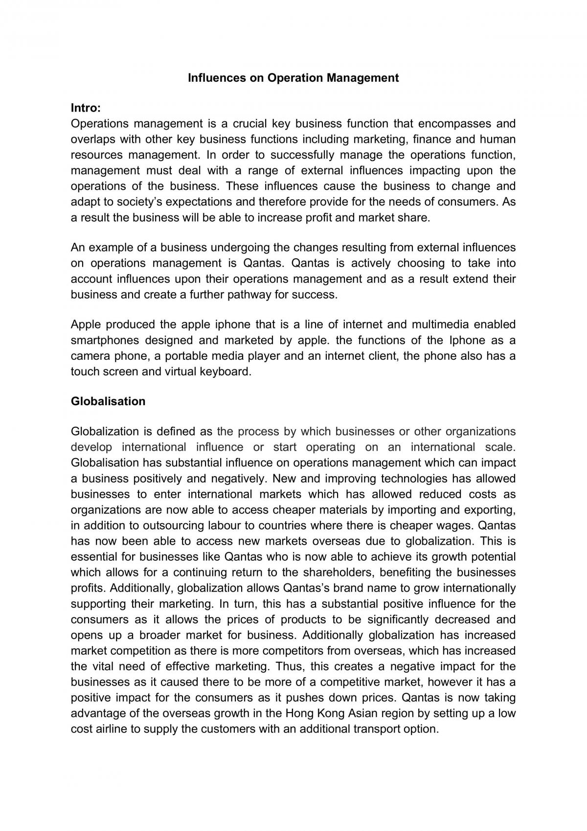 Operations Influences | Business Studies - Year 12 HSC | Thinkswap