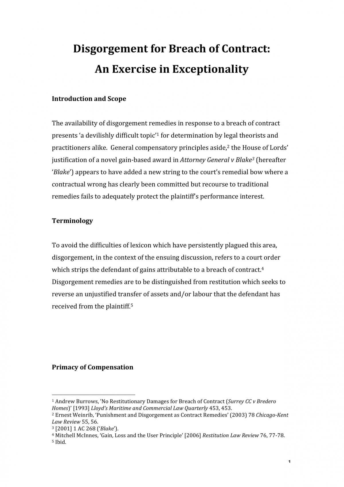 Disgorgement for Breach of Contract Essay | LAWS3115 - Law of Remedies ...