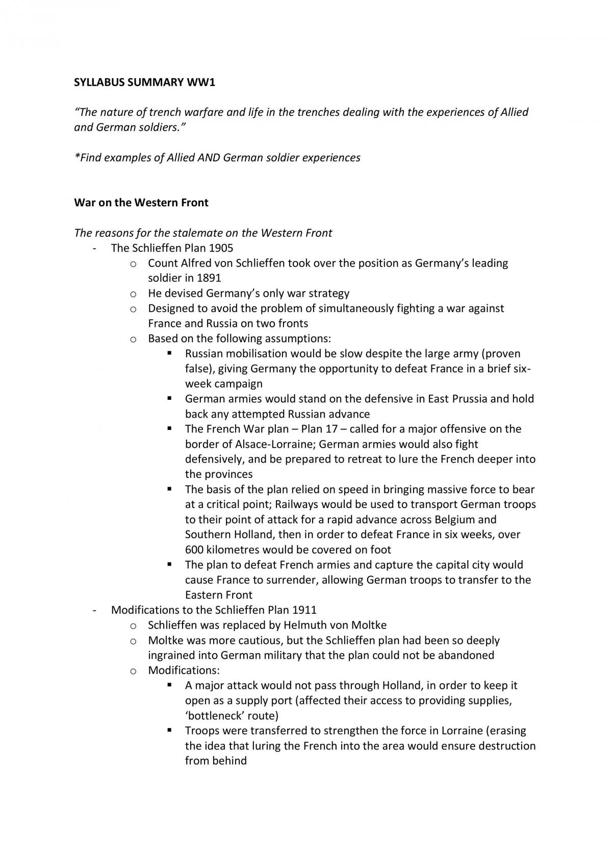 WW1 Syllabus Summary Notes | Modern History - Year 12 HSC | Thinkswap