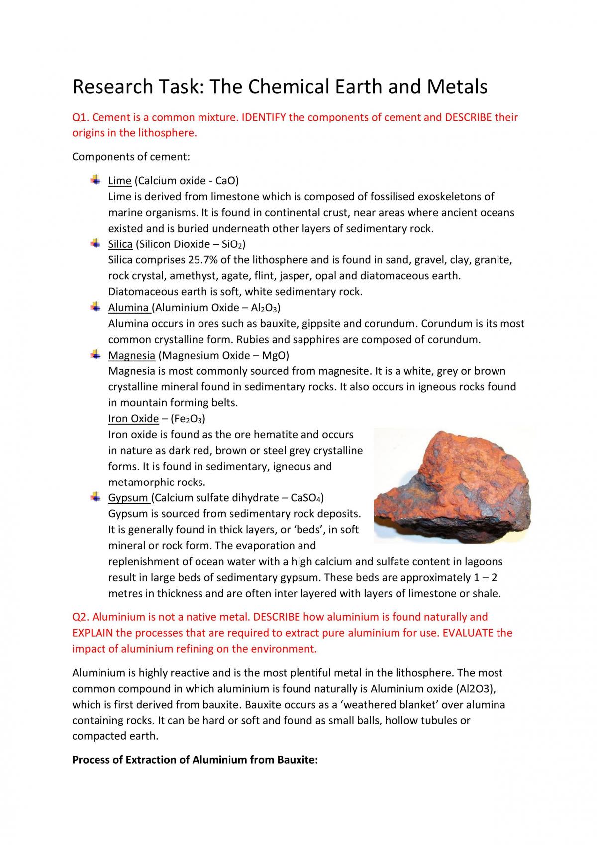 Chemical Earth and Metals Research Task | Chemistry - Year 11 HSC ...
