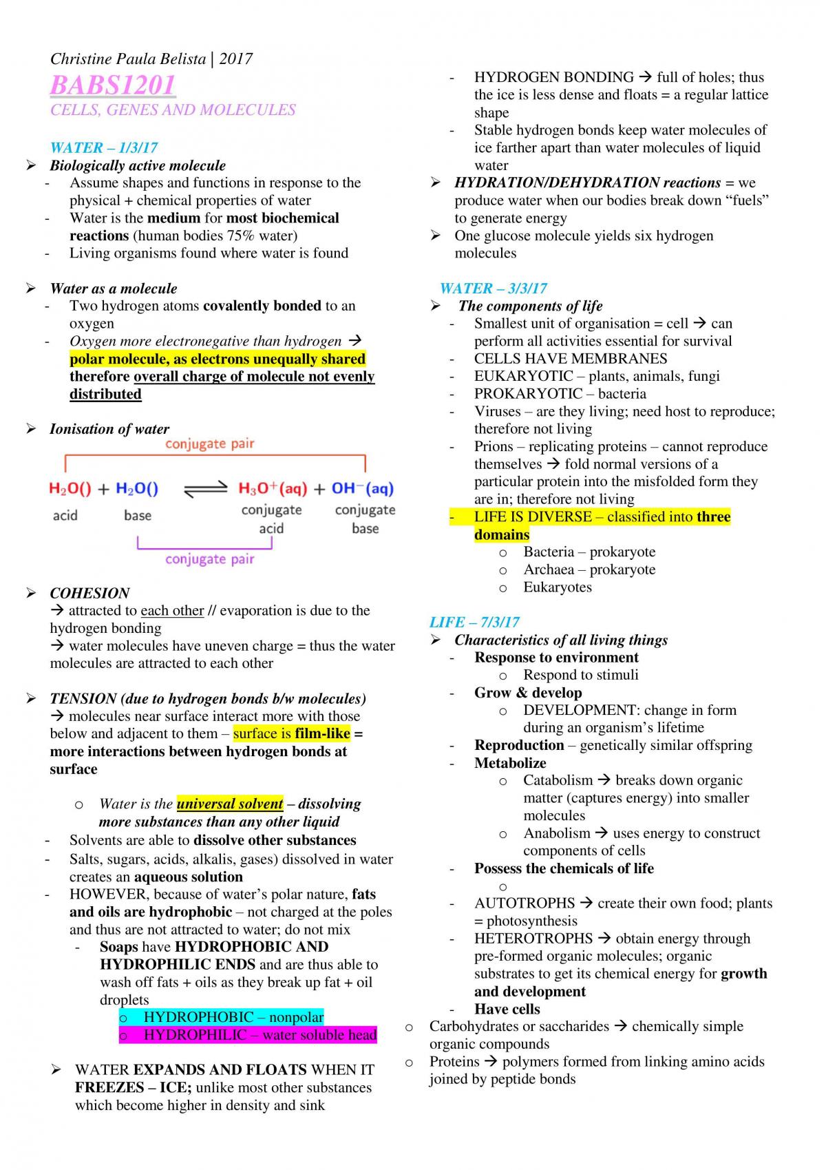BABS1201 Molecules, Cells and Genes Detailed Study Notes | BABS1201 ...