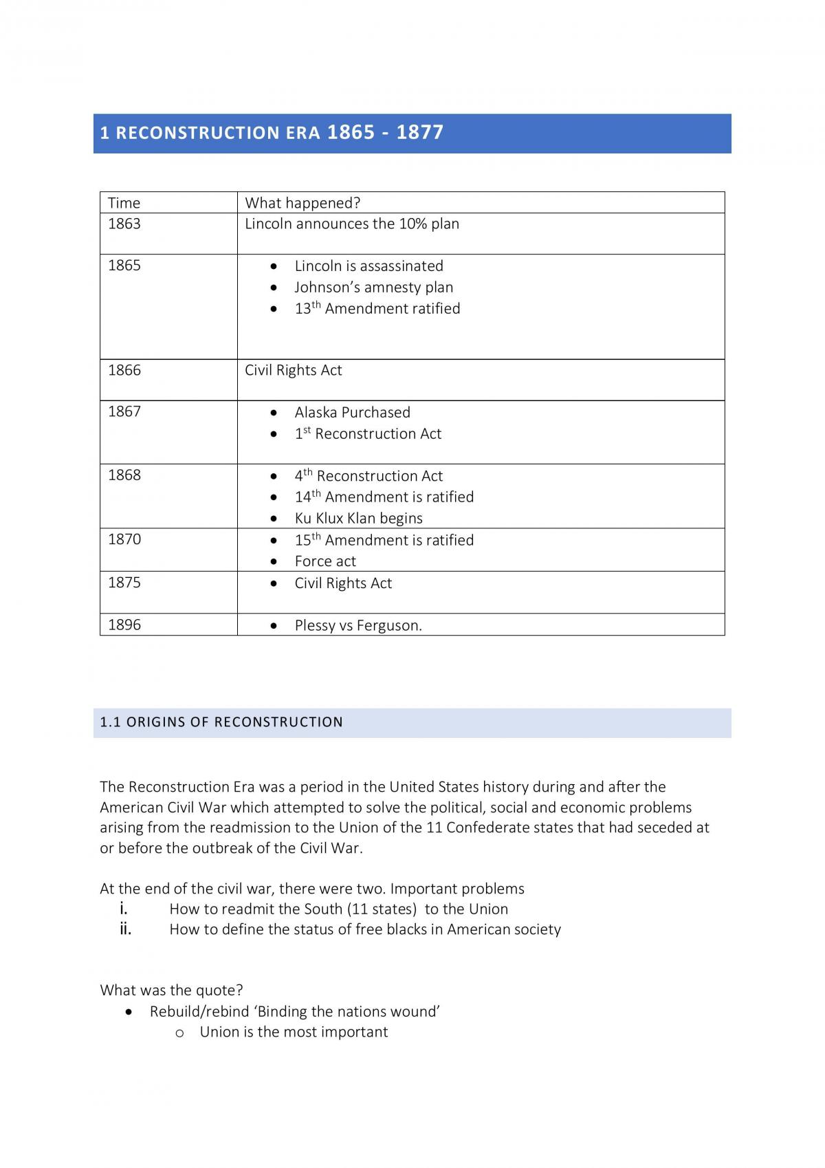 Post American Civil War Notes | Modern History - Year 11 HSC | Thinkswap
