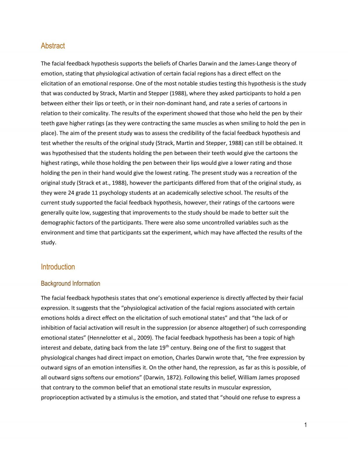 Facial Feedback Hypothesis Report | Psychology - Year 11 WACE | Thinkswap