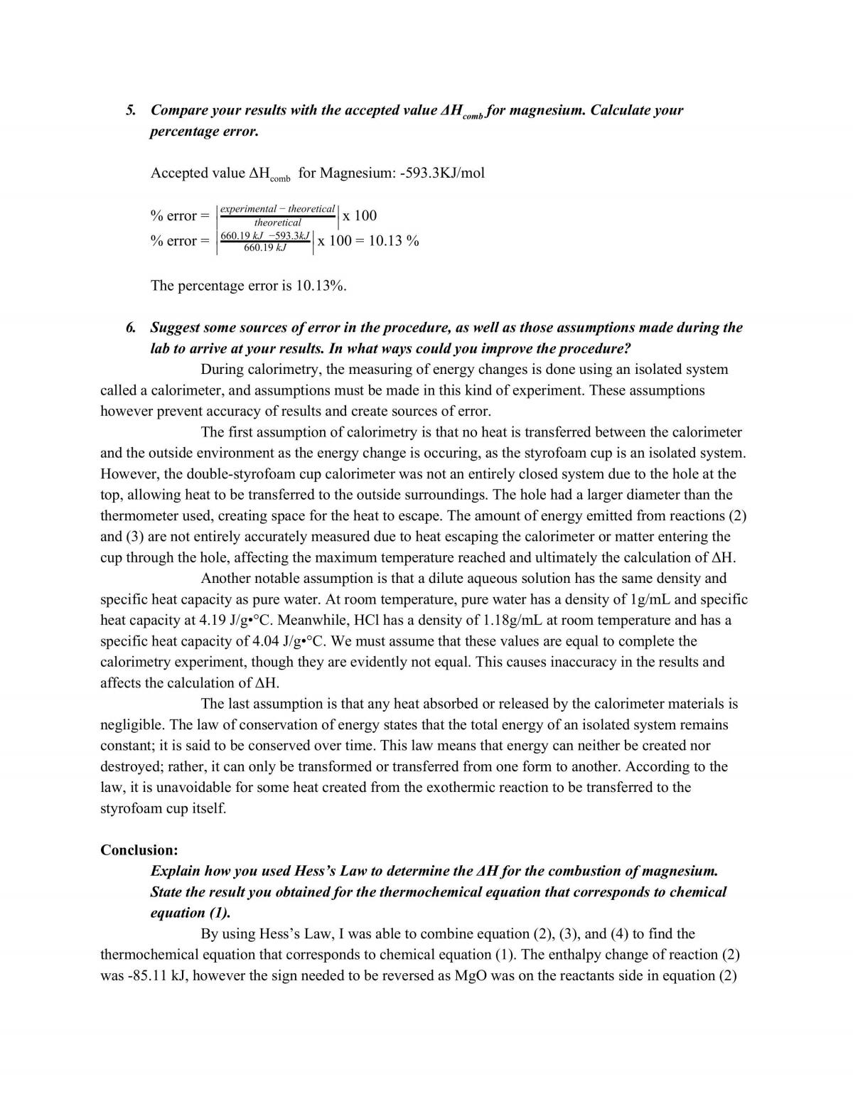 Grade 12 Chemistry Lab: Hess's Law and the Enthalpy of Combustion of ...
