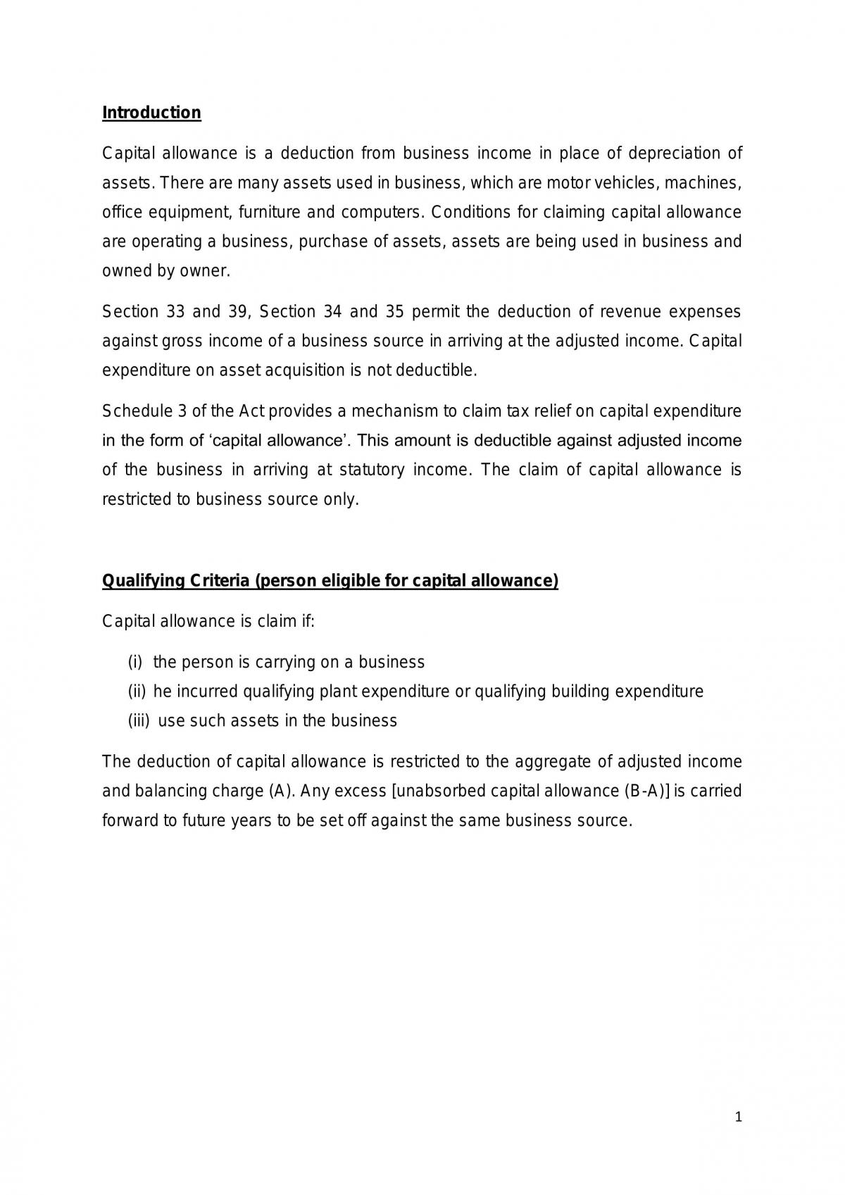 Detail Of Capital Allowance | BA 2205 - Principle of Taxation 1 - Nilai ...