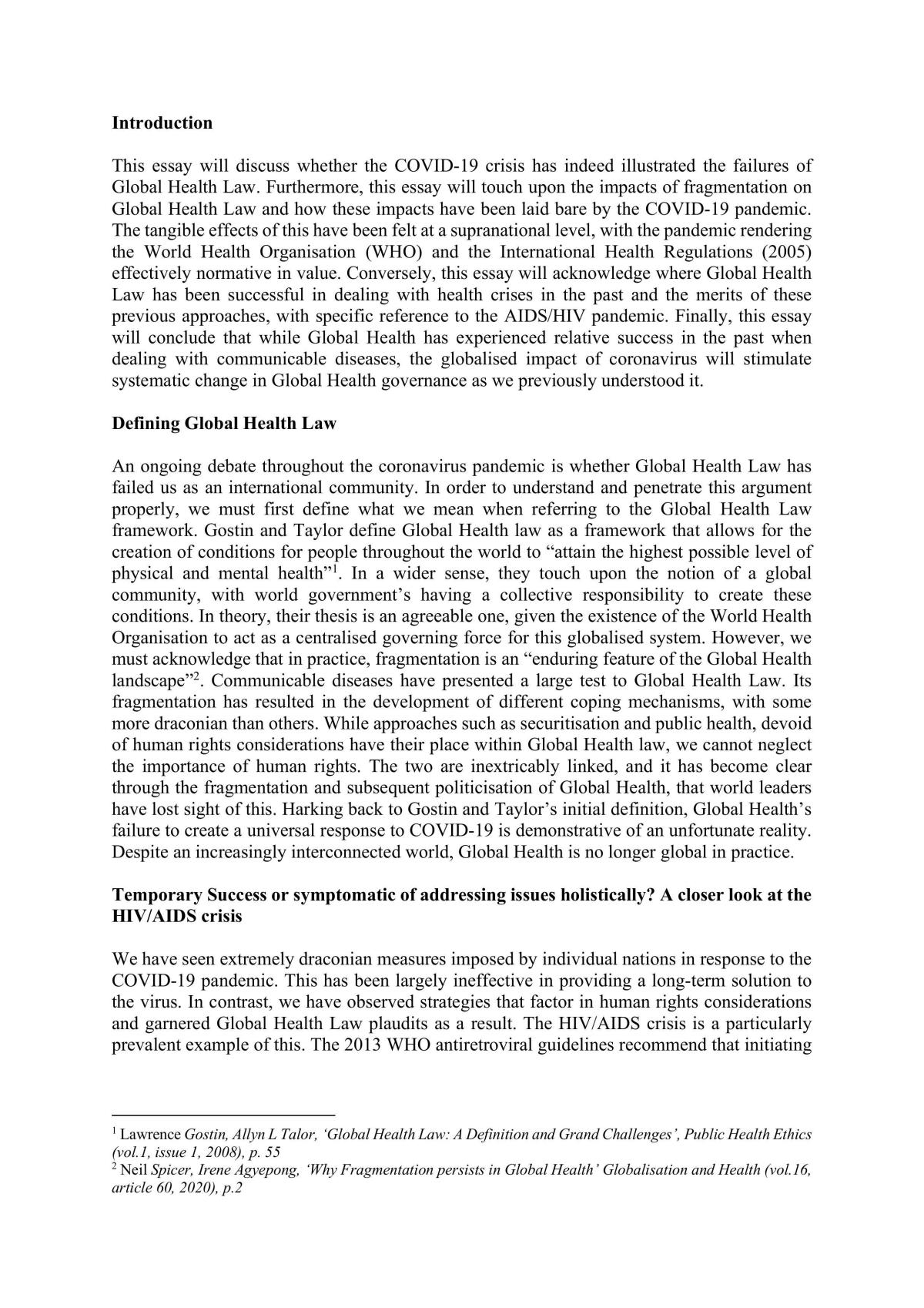 Global Health Law Essay | LA394 - Global Health Law - Warwick | Thinkswap