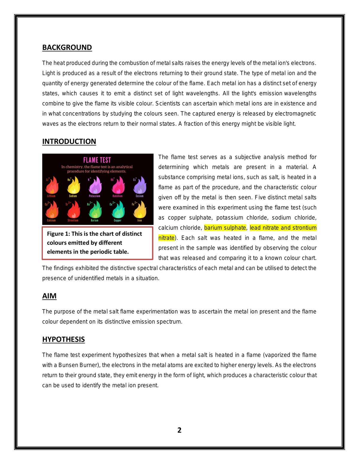 Chemistry Flames Lab Report | Chemistry - Year 11 SACE | Thinkswap