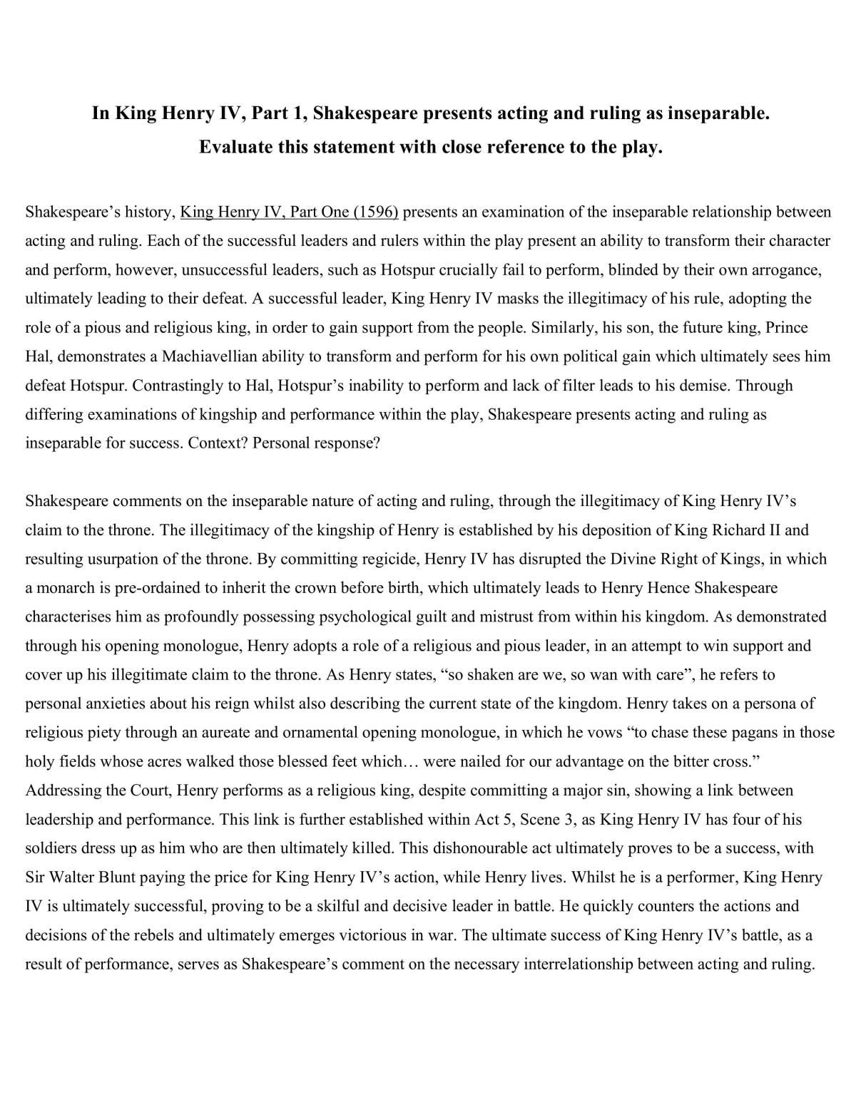 King Henry IV - Part One Essay Pack (90+) | English (Advanced) - Year ...