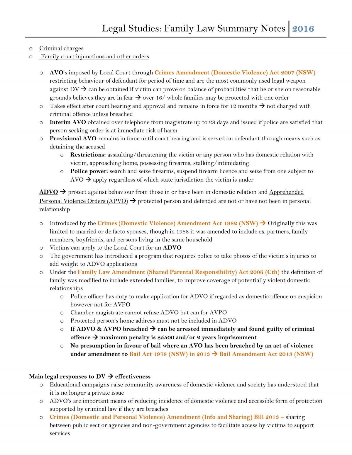 Unit 3 Family Law Notes 2016 | Legal Studies - Year 12 VCE | Thinkswap