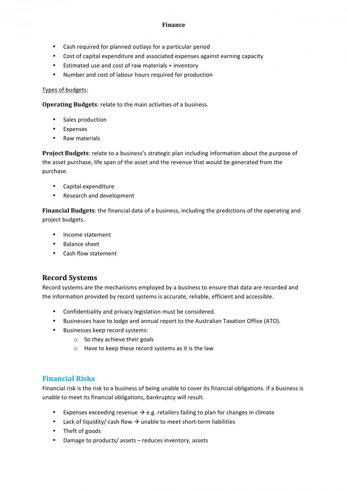Finance Syllabus Notes | Business Studies - Year 12 HSC | Thinkswap